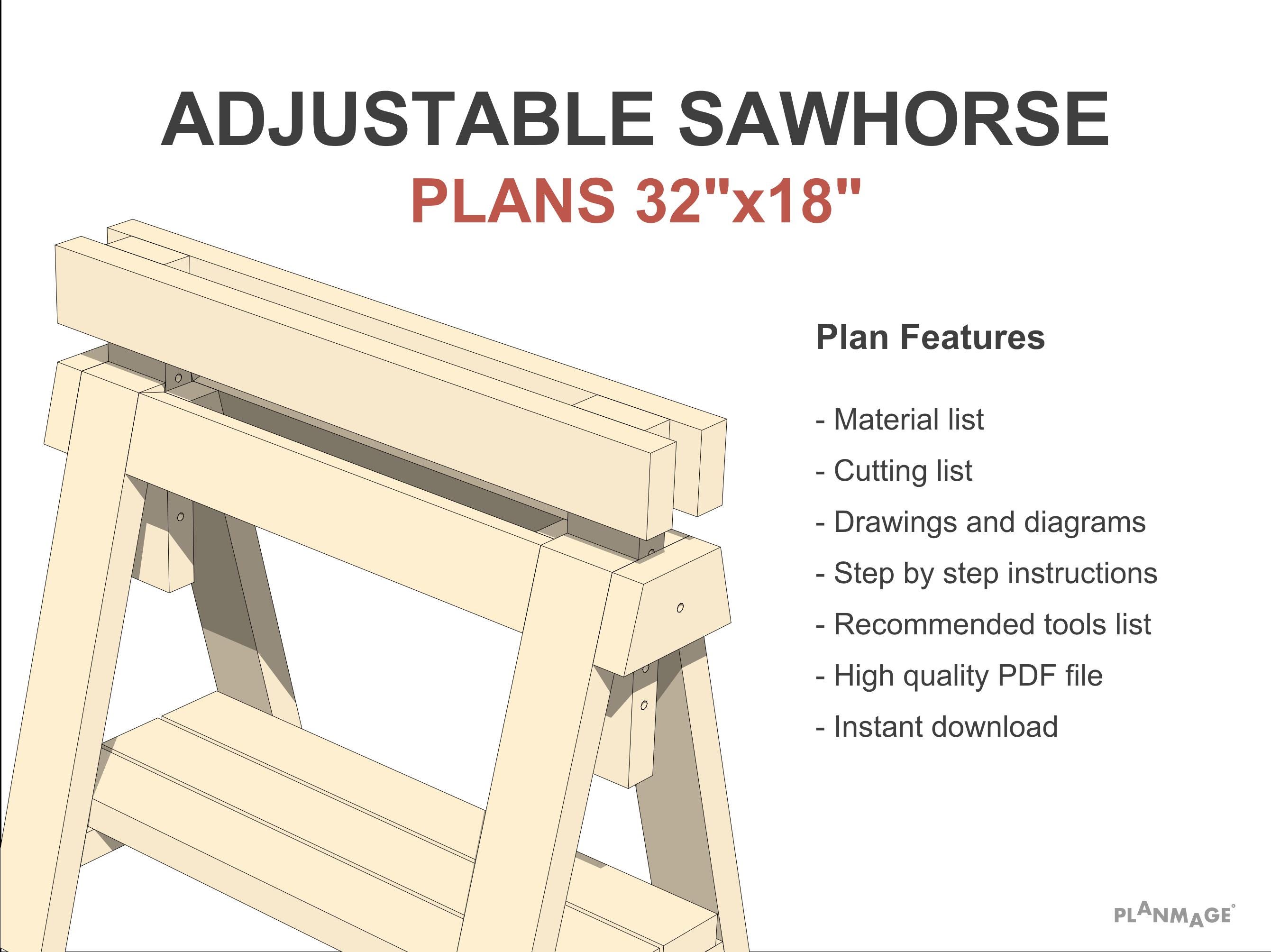 Adjustable Sawhorse Plans 32x18" Heavy-duty DIY Sawhorse - Beginner ...