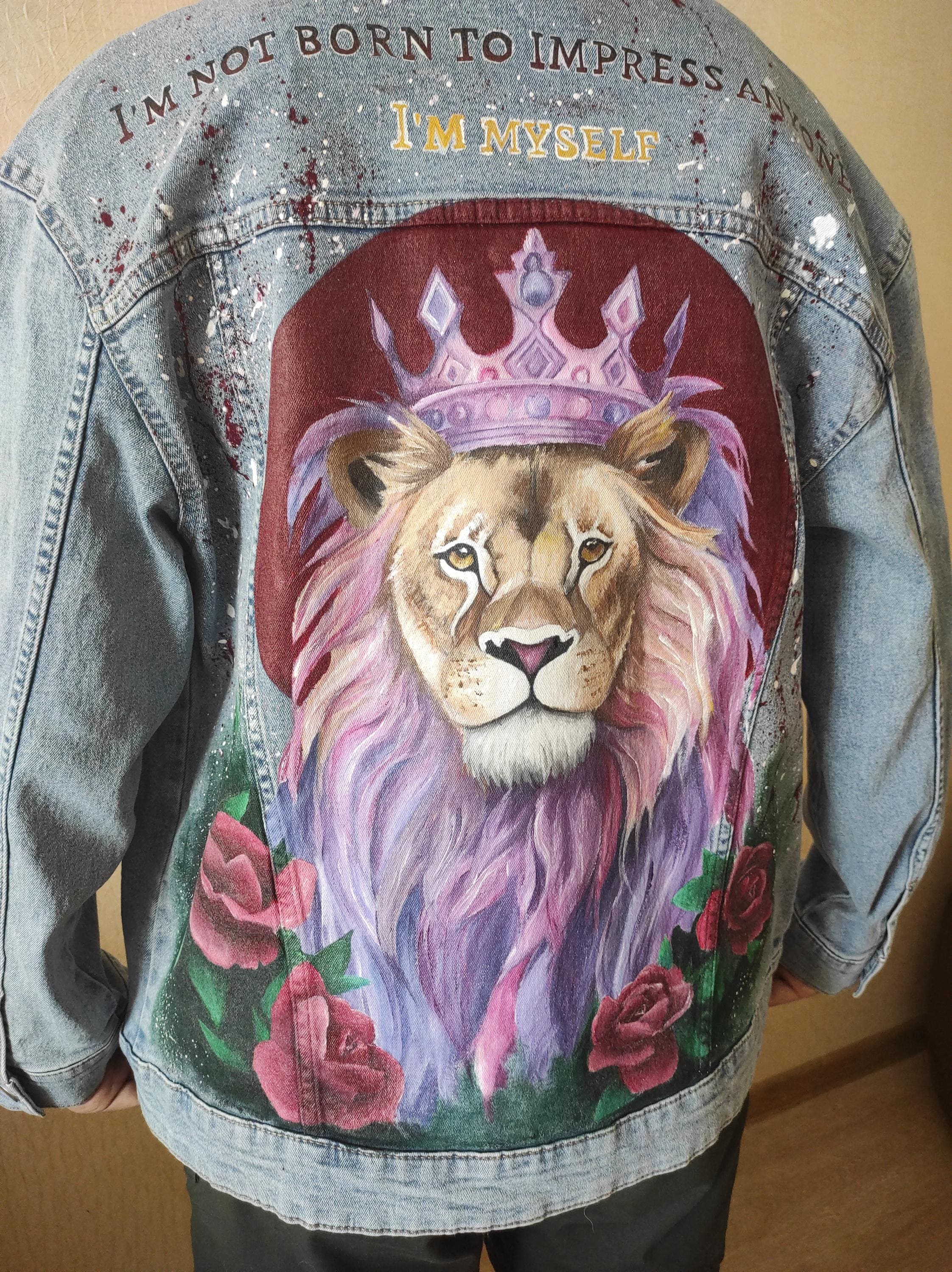 Hand-painted Denim Jacket, Painted Lion Jacket, Custom Jacket, Hand ...