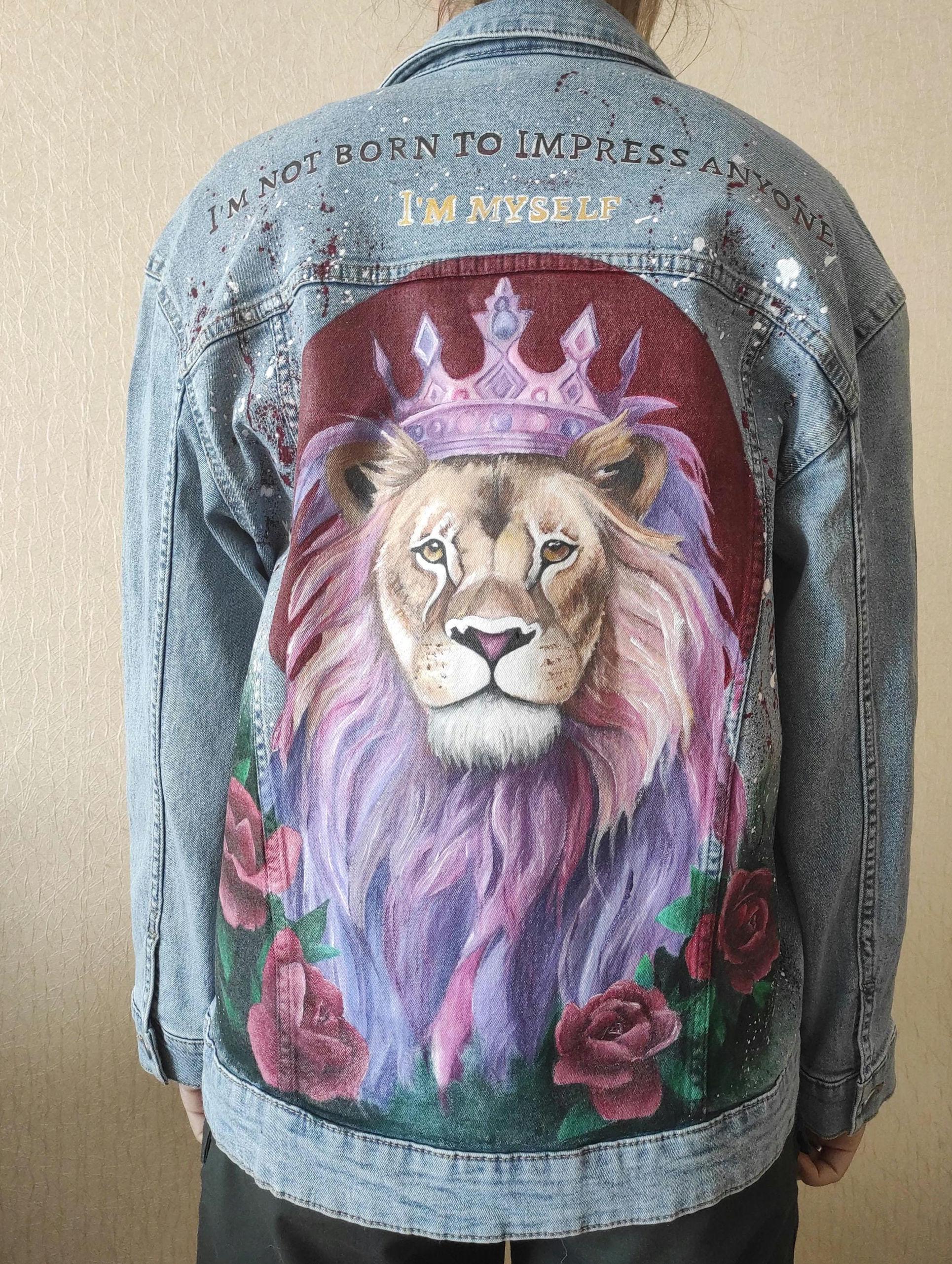 Hand-painted Denim Jacket, Painted Lion Jacket, Custom Jacket, Hand ...