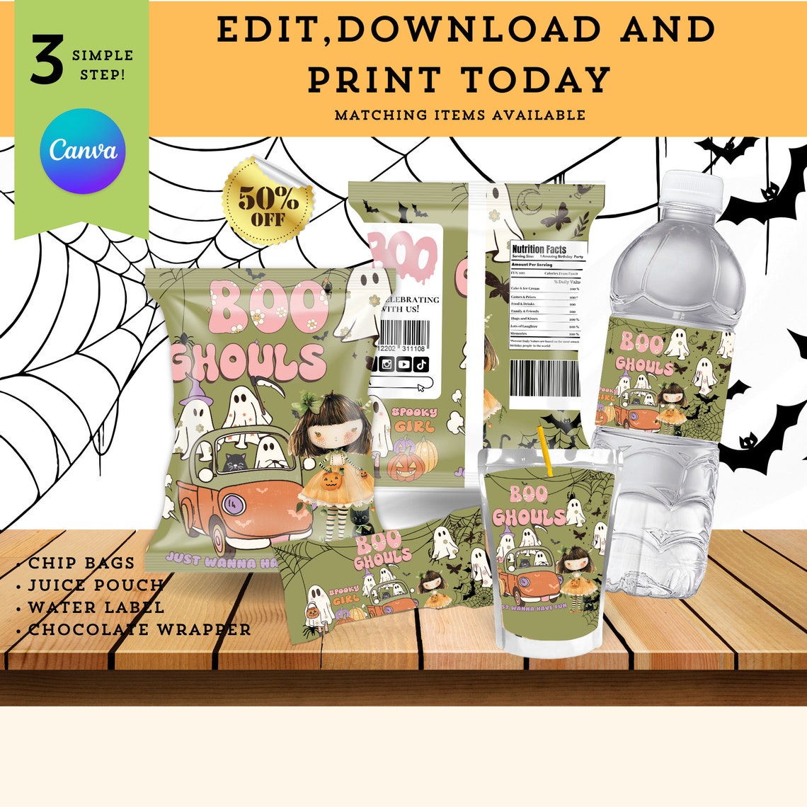 Editable Bundle Halloween Party Chip Bag Chocolate Bar Water Bottle ...