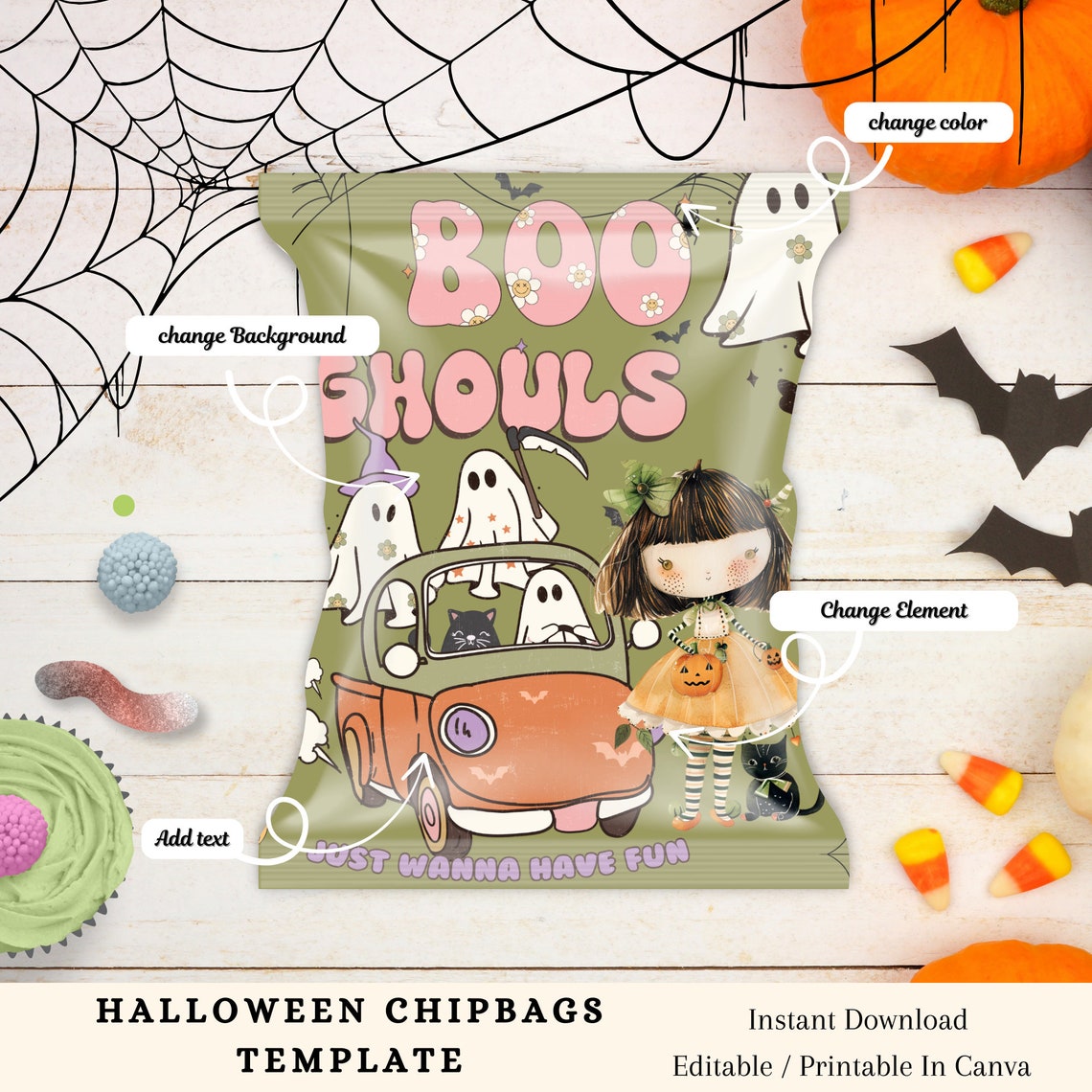 Editable Bundle Halloween Party Chip Bag Chocolate Bar Water Bottle ...
