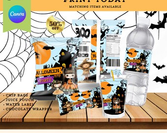 Editable Bundle Halloween Party Chip Bag Chocolate Bar Water Bottle ...