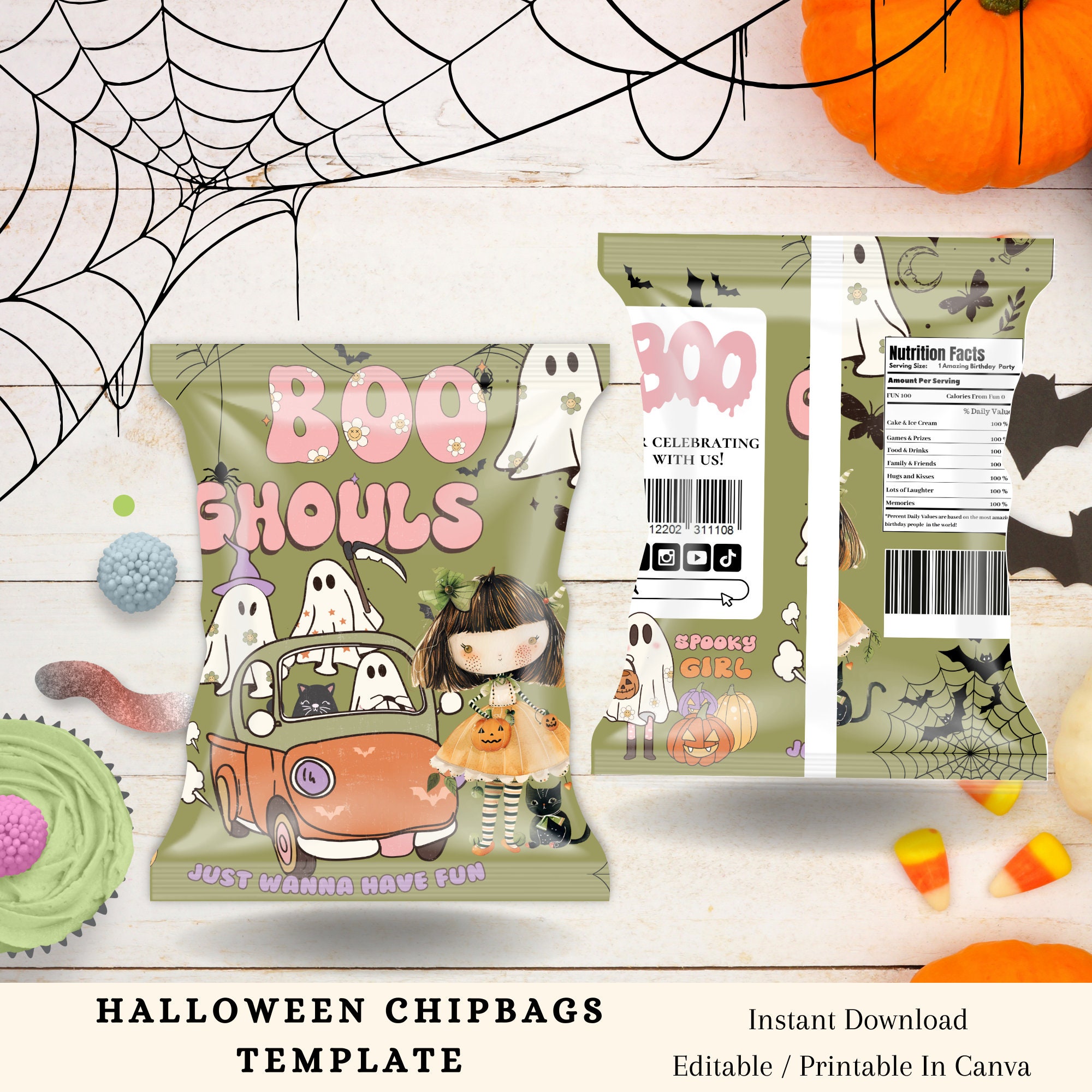 Editable Bundle Halloween Party Chip Bag Chocolate Bar Water Bottle ...