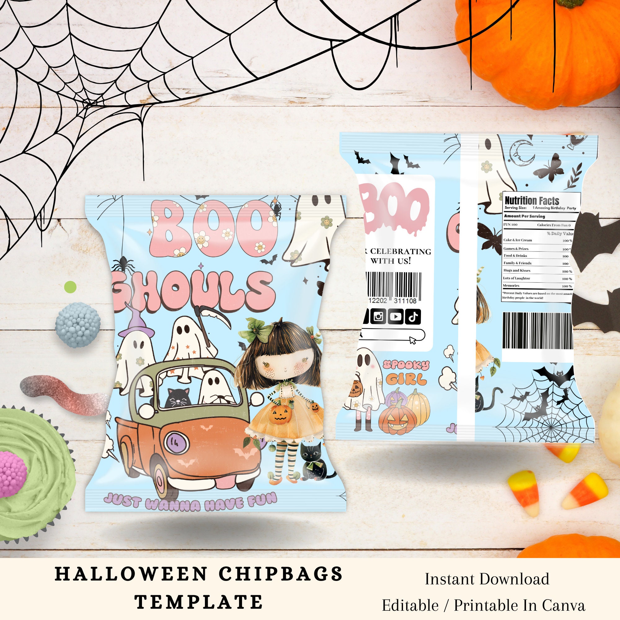 Editable Bundle Halloween Party Chip Bag Chocolate Bar Water Bottle ...