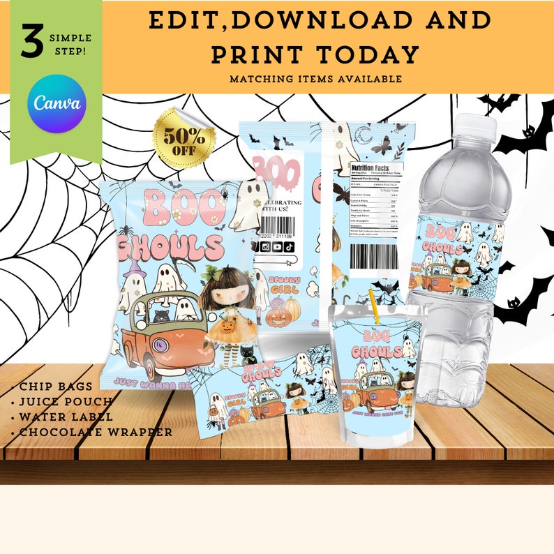 Editable Bundle Halloween Party Chip Bag Chocolate Bar Water Bottle ...