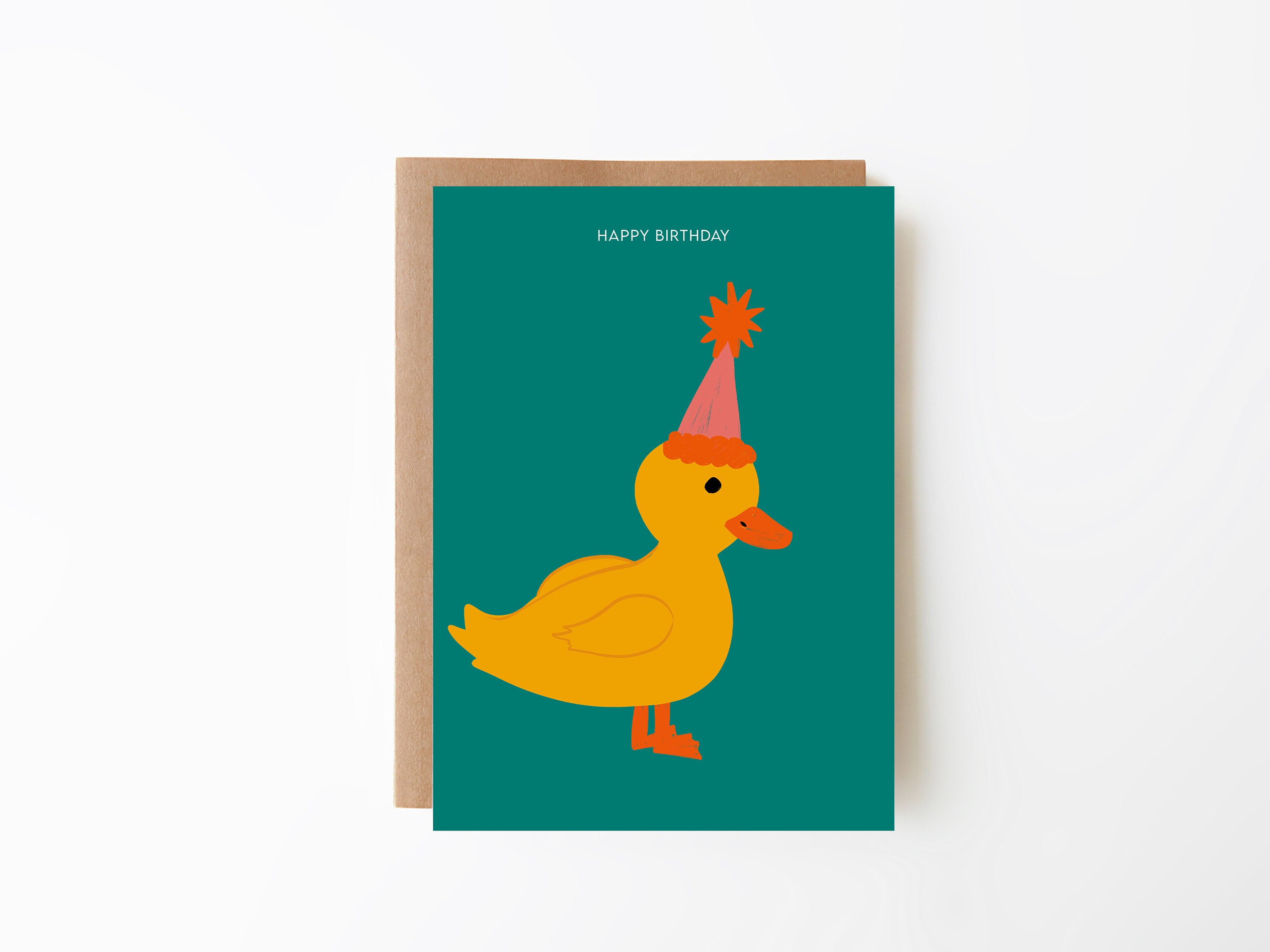 Happy Birthday Duck Celebration Card Animal Party Themed Hand Drawn ...