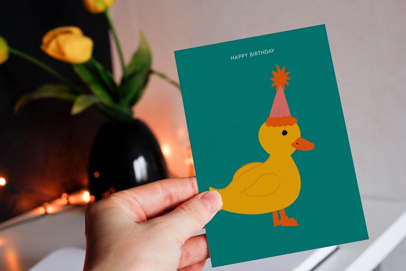 Happy Birthday Duck Celebration Card Animal Party Themed Hand Drawn ...