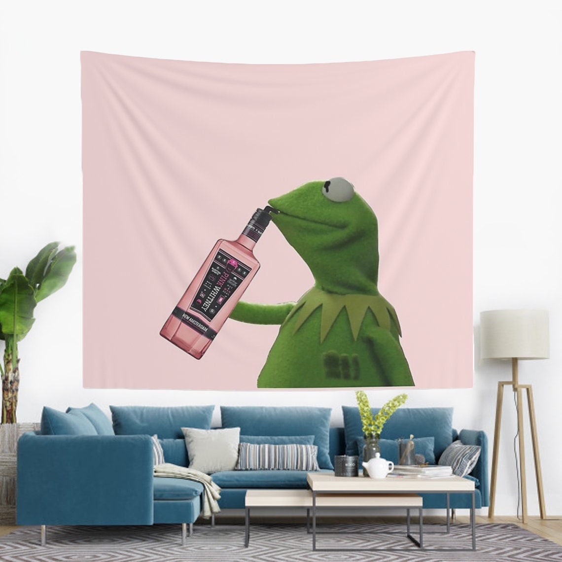 Kermit Sipping Pink Whitney Tapestry, Hostel Dorm Decor, Funny Kermit ...