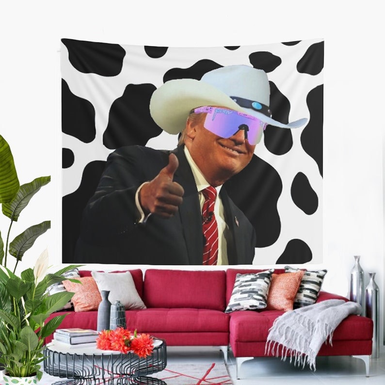 Trump Cow Print Cowboy Hat Tapestry, Hostel Dorm Decor, Funny Trump ...