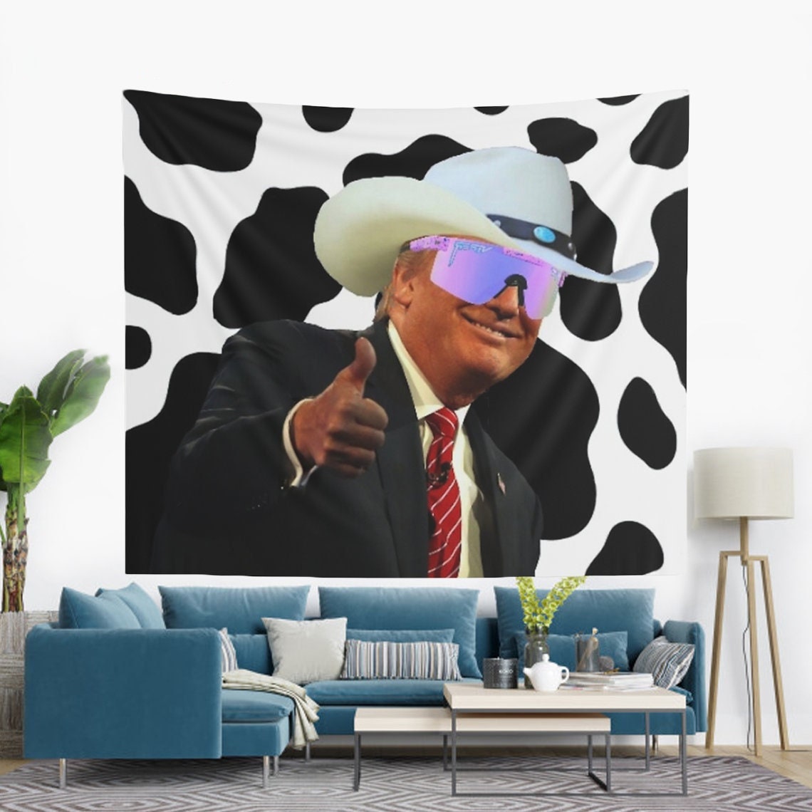 Trump Cow Print Cowboy Hat Tapestry, Hostel Dorm Decor, Funny Trump ...