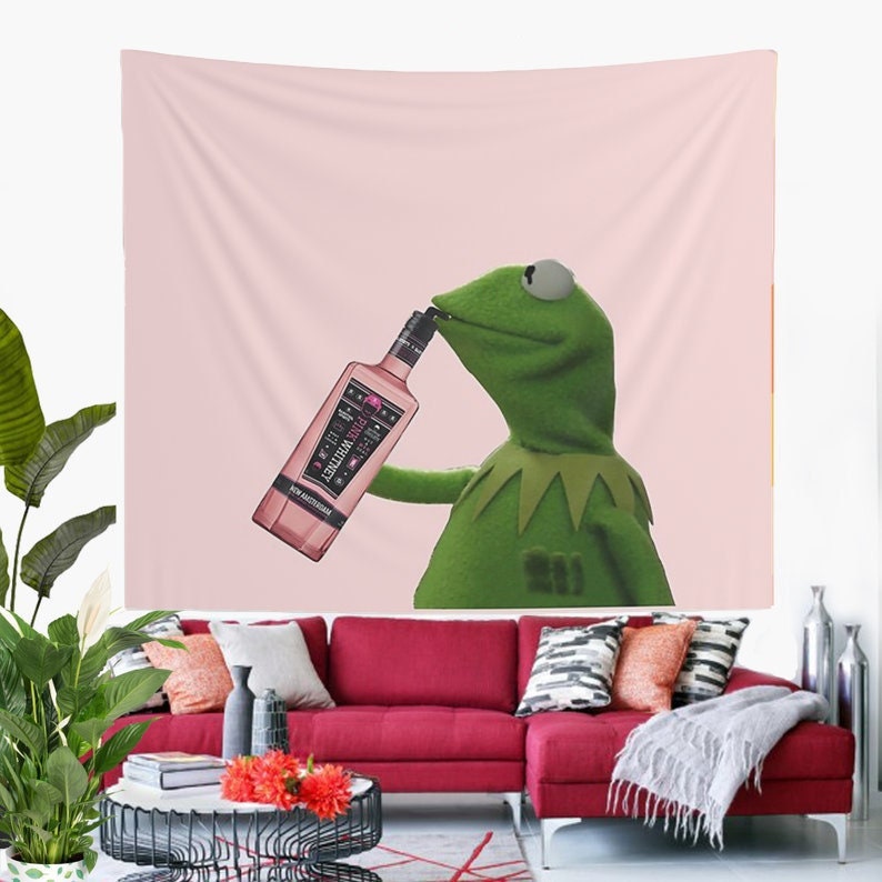 Kermit Sipping Pink Whitney Tapestry, Hostel Dorm Decor, Funny Kermit ...