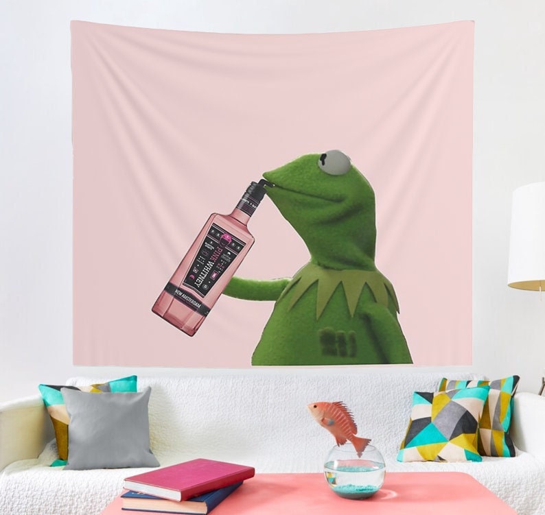 Kermit Sipping Pink Whitney Tapestry, Hostel Dorm Decor, Funny Kermit ...