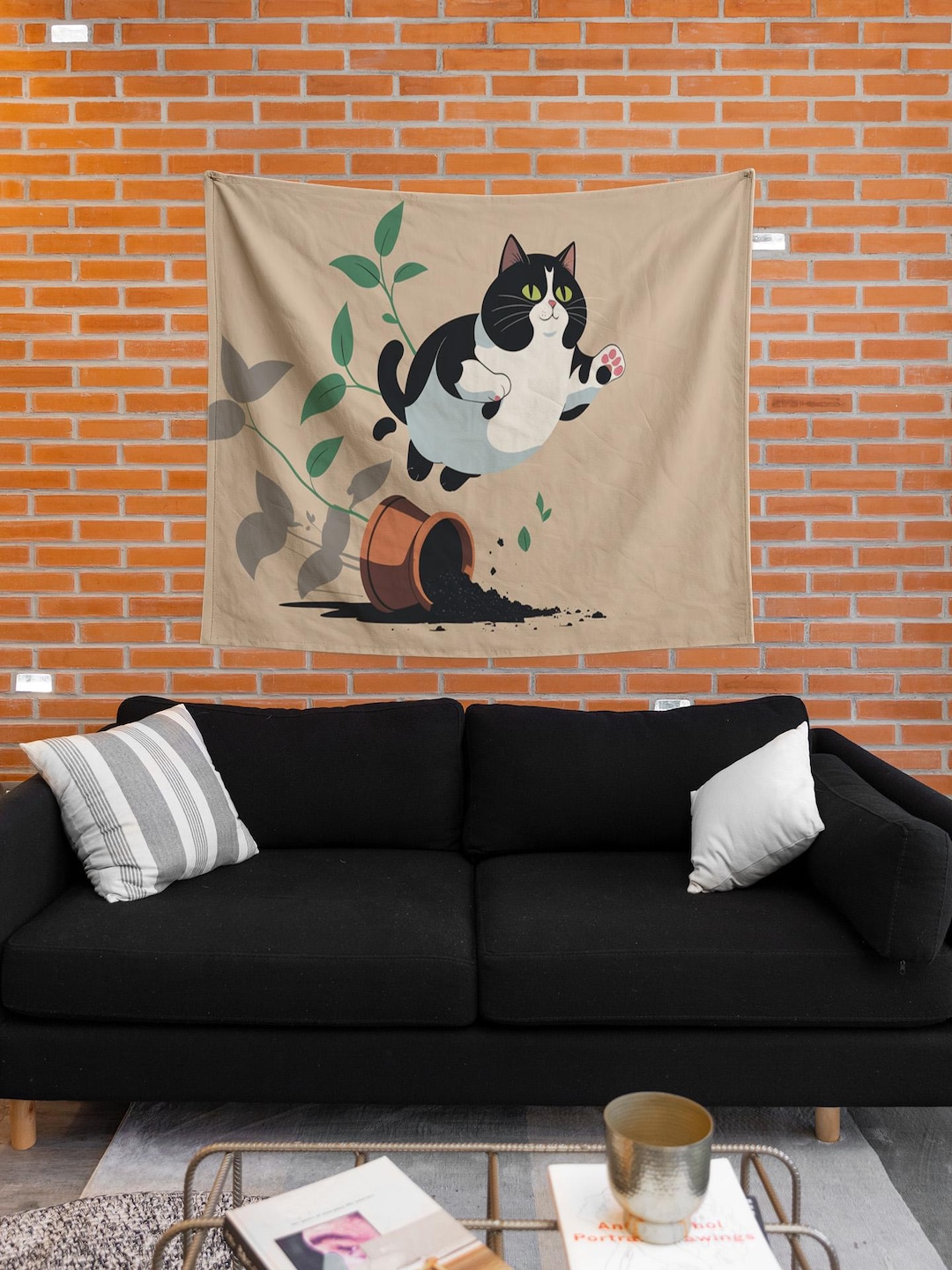 Funny Cat Knocking Over Plant Wall Tapestry – Humorous Cat and Plant ...