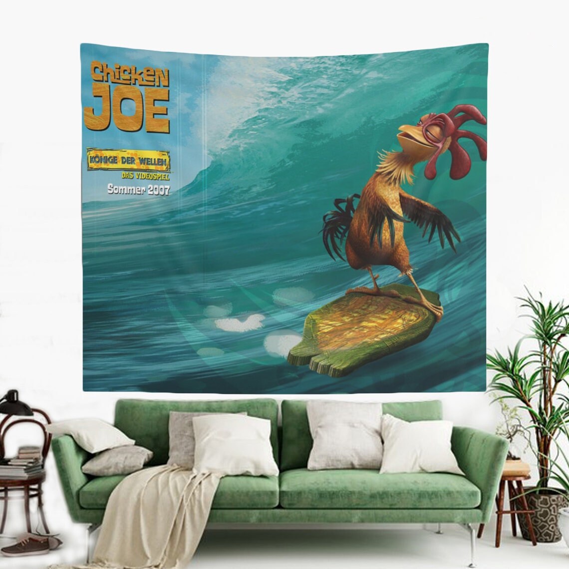 Chicken Joe Surfs up Wall Tapestry, College Room & Hostel Dorm Decor ...