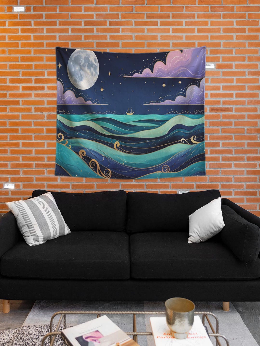 Abstract Art Moonlit Ocean Wave Wall Tapestry – Surreal Seascape Wall ...
