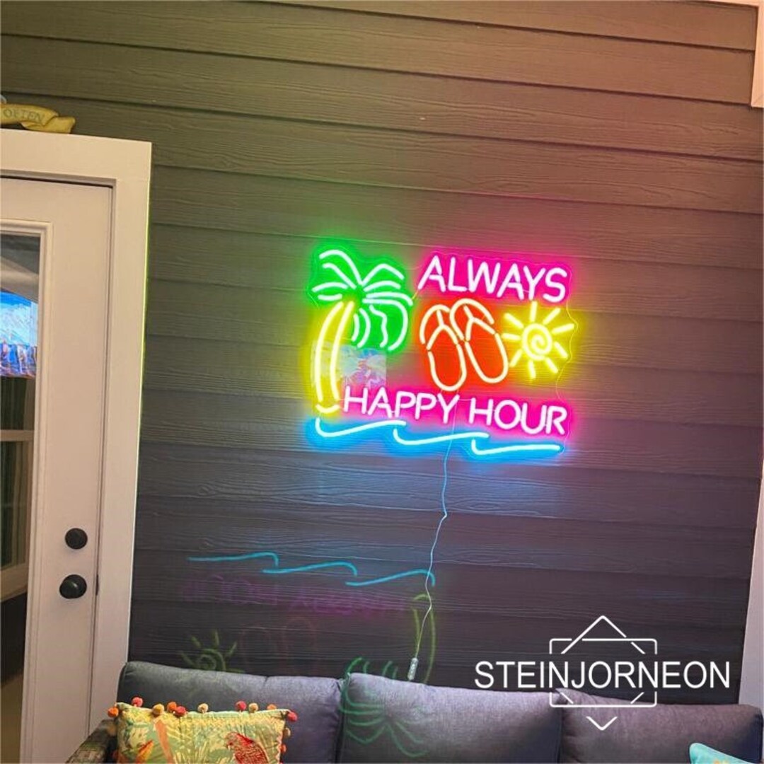 Always Happy Hour Palm Tree Sun Custom Home Bar LED Neon Sign Night ...