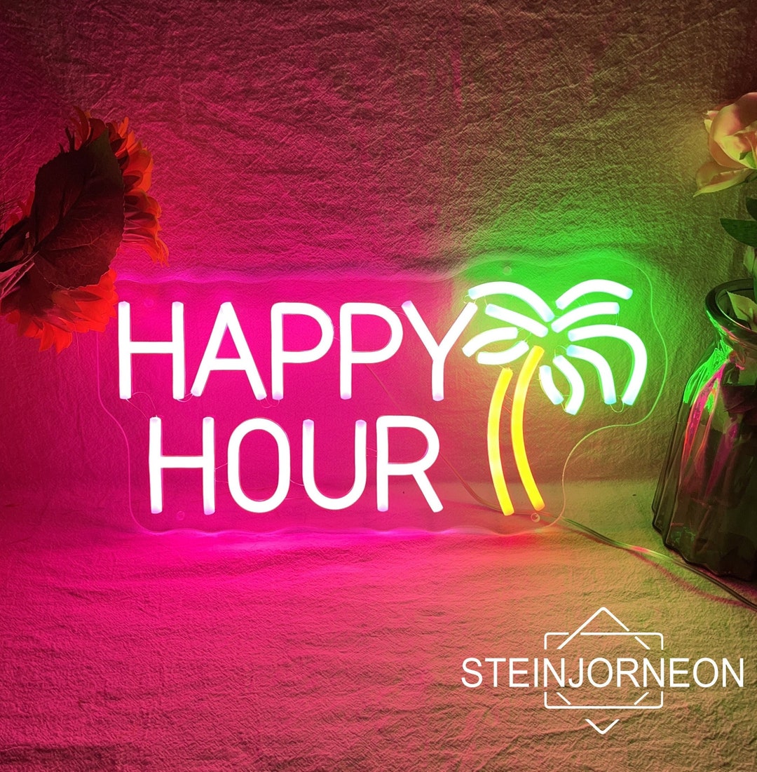 Happy Hour Palm Tree Custom Bar Open LED Neon Sign Night Light - Etsy