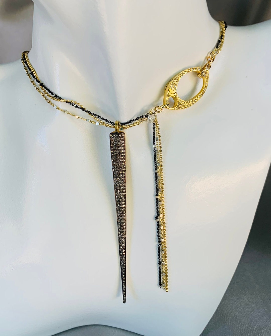 Pave Spike, Silver and Gold Ball Chains, Pave Diamond Drop Lobster ...