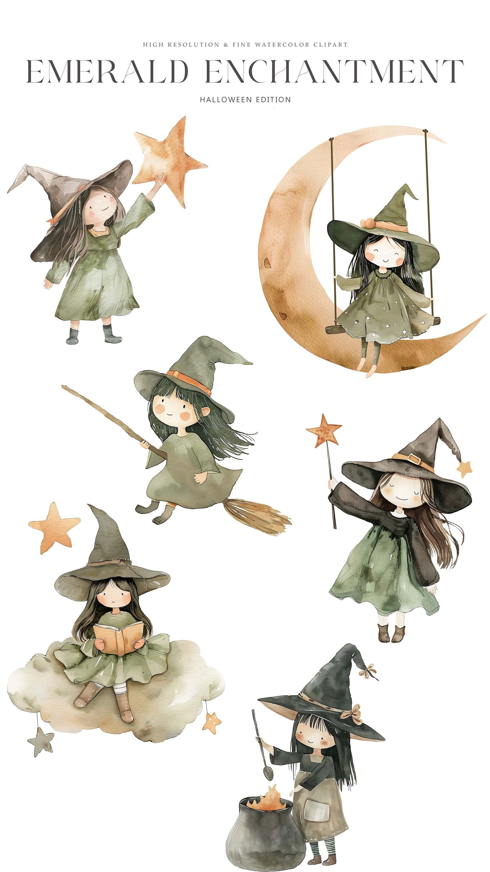 Sweet Witch Clipart - Cute Halloween - Pumpkin - Cute Ghost - Whimsical ...
