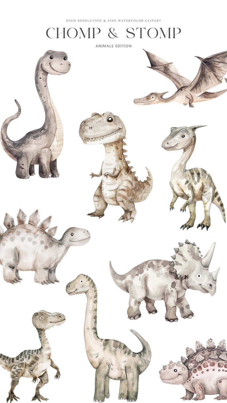 Cute Dinosaur Clipart Set - Watercolor Clipart - T-rex - Prehistoric ...