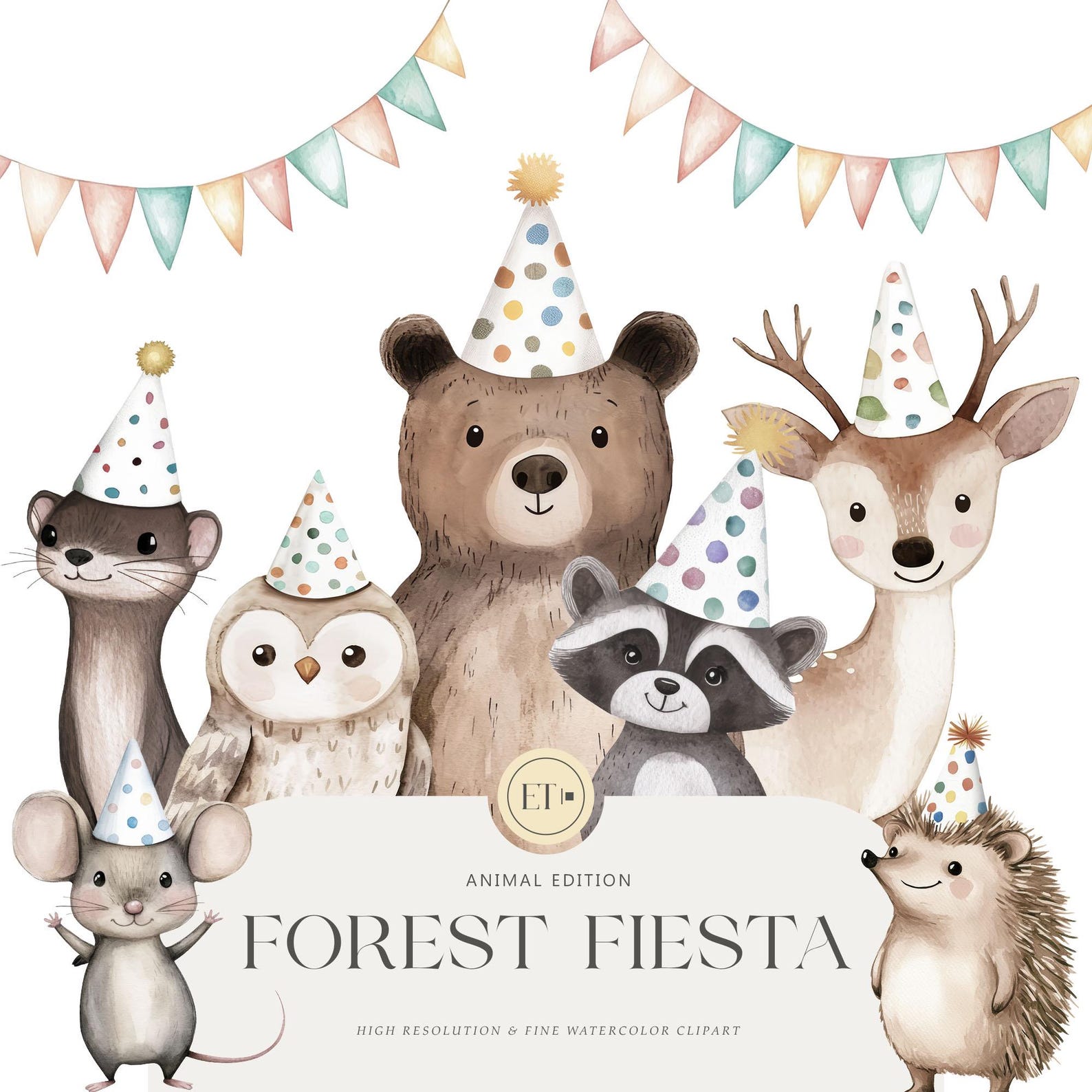 Cute Woodland Animals Party, Birthday Party Graphics, Watercolor ...