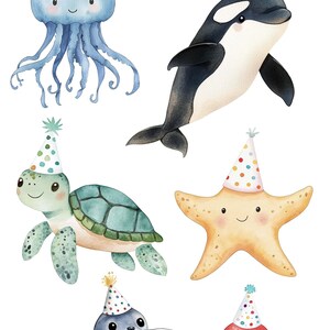 Cute Ocean Birthday Clipart: Watercolor Sea Animals, Clipart for Kids ...