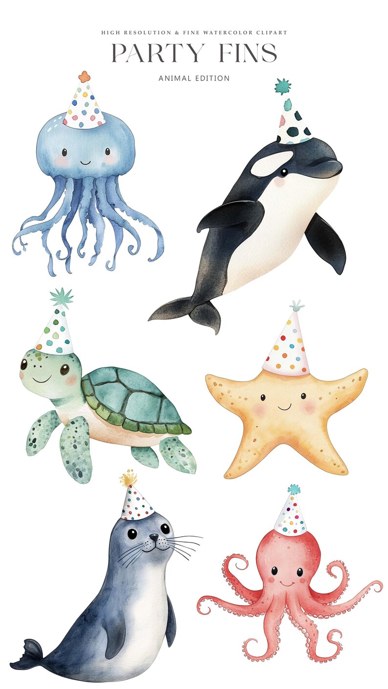 Cute Ocean Birthday Clipart: Watercolor Sea Animals, Clipart for Kids ...