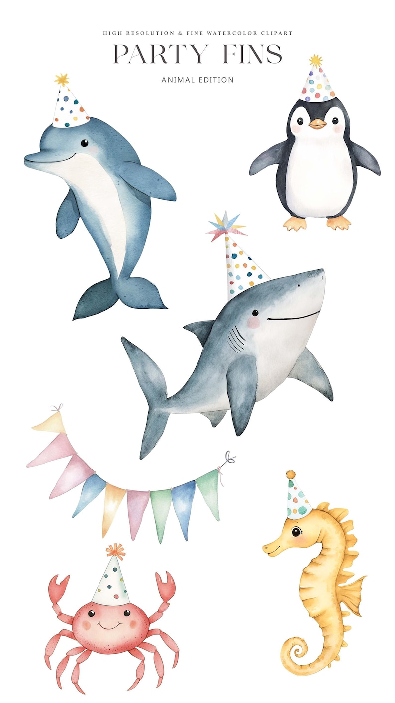 Cute Ocean Birthday Clipart: Watercolor Sea Animals, Clipart for Kids ...