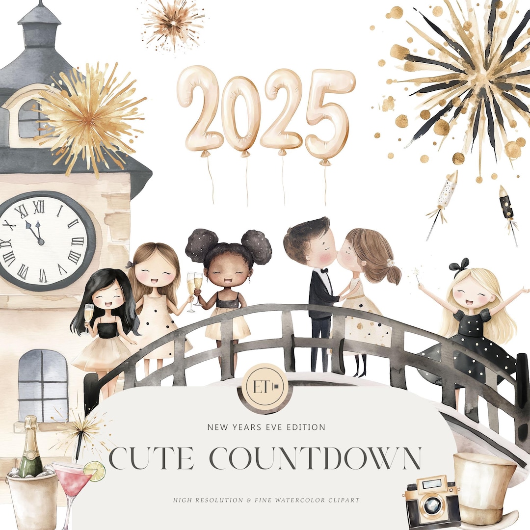 Cute New Years Eve Clipart - Watercolor New Year Clipart - Happy New ...