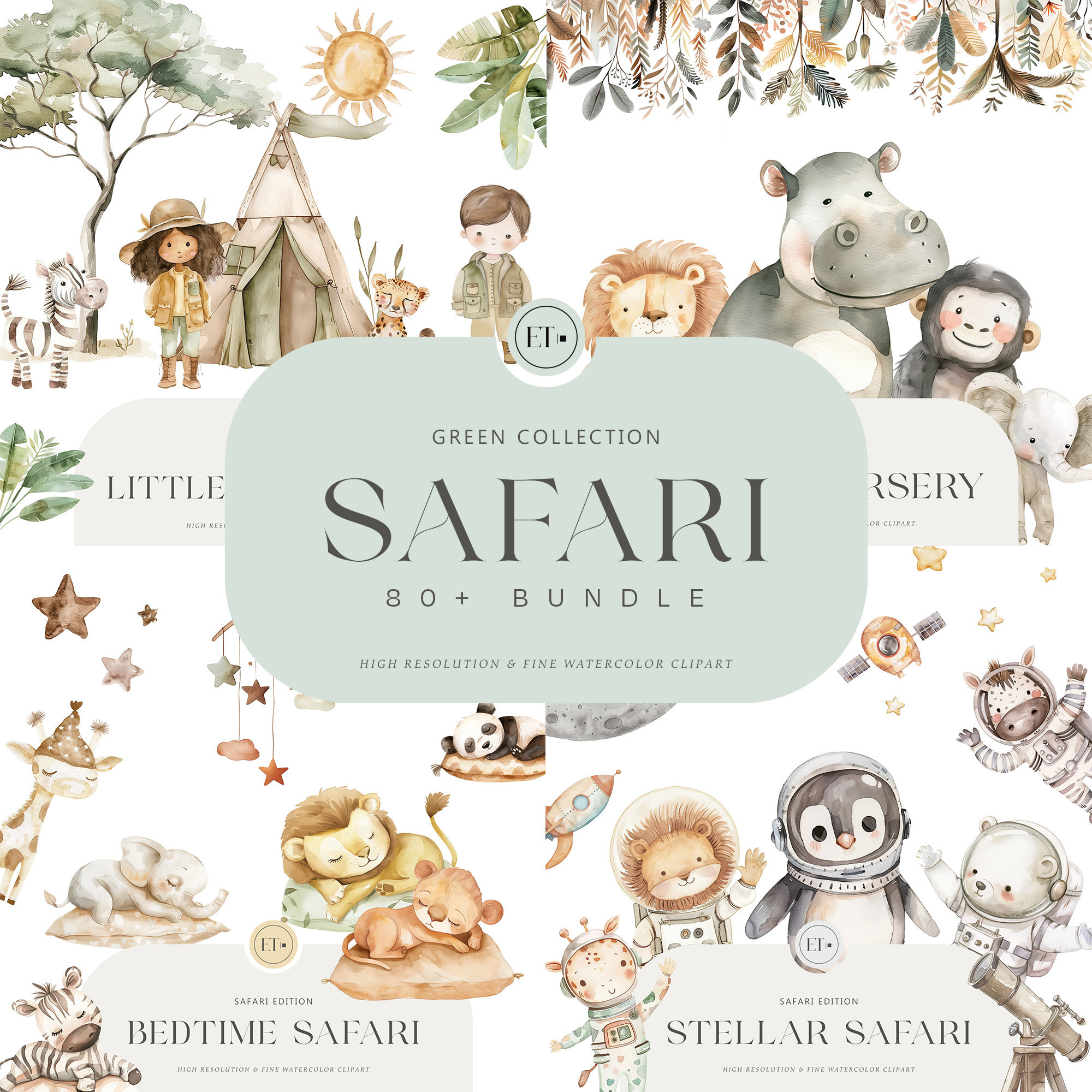 Cute Safari Clipart Bundle Watercolor Safari Safari Tour Clipart ...