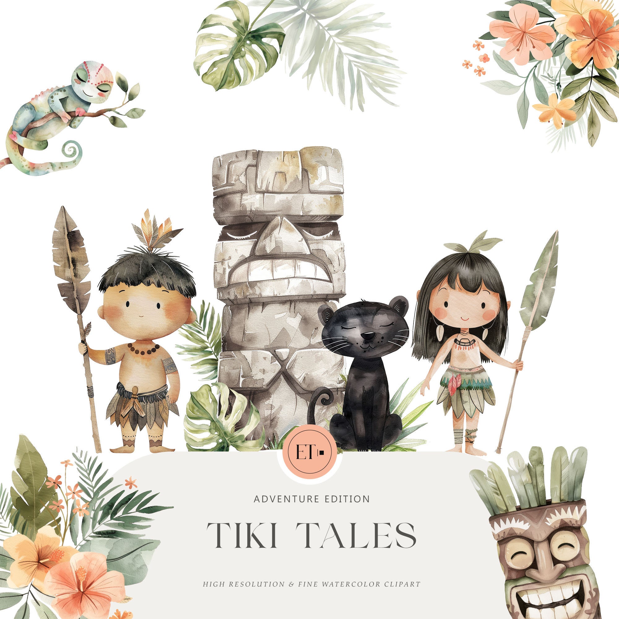 Cute Tiki Clipart - Watercolor Clipart- Polynesian Princess - Hawaii ...