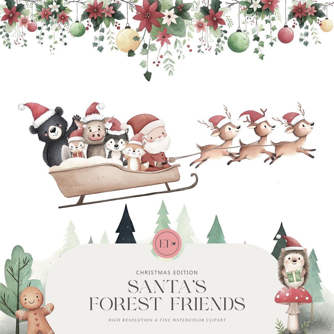 Santa and Woodland Animals on Sled Clipart | Christmas Watercolor Set ...