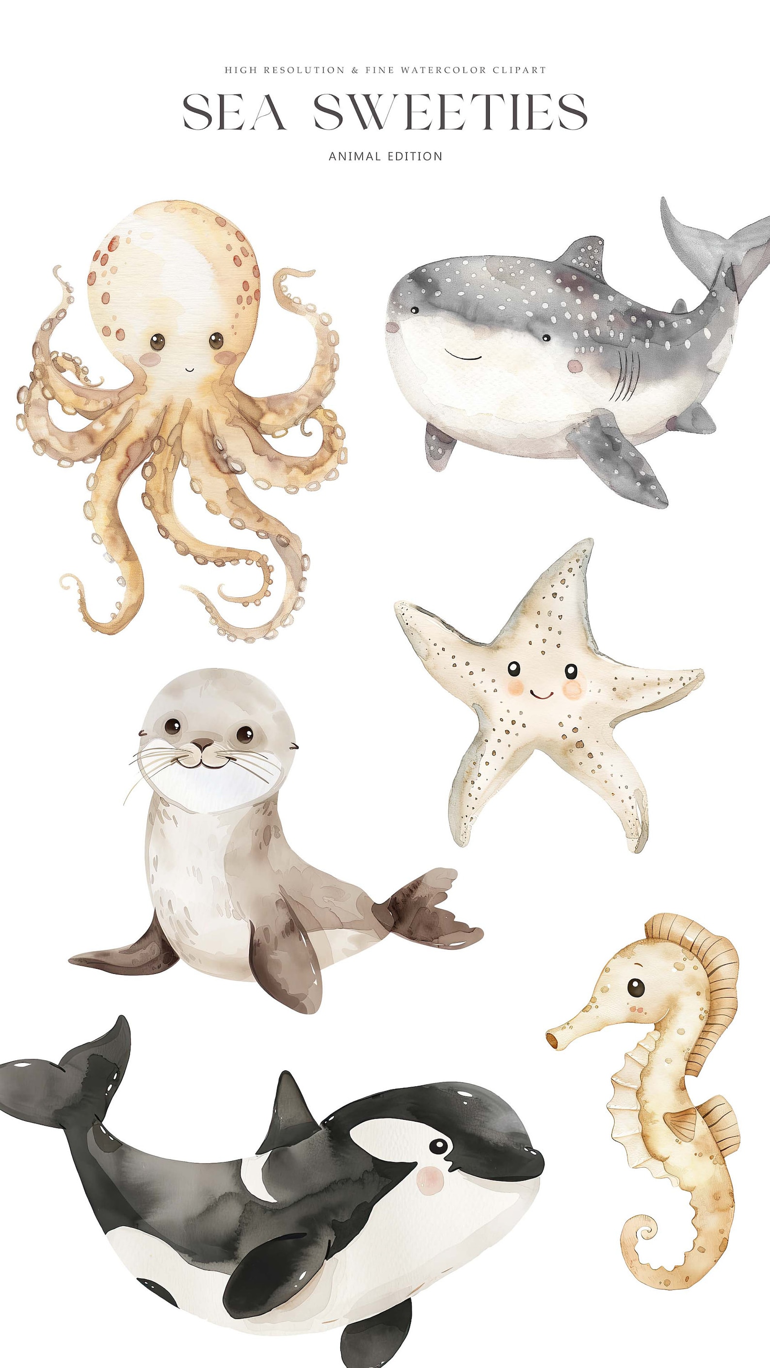 Cute Ocean Animals Clipart - Watercolor Clipart - Sealife - Underwater ...