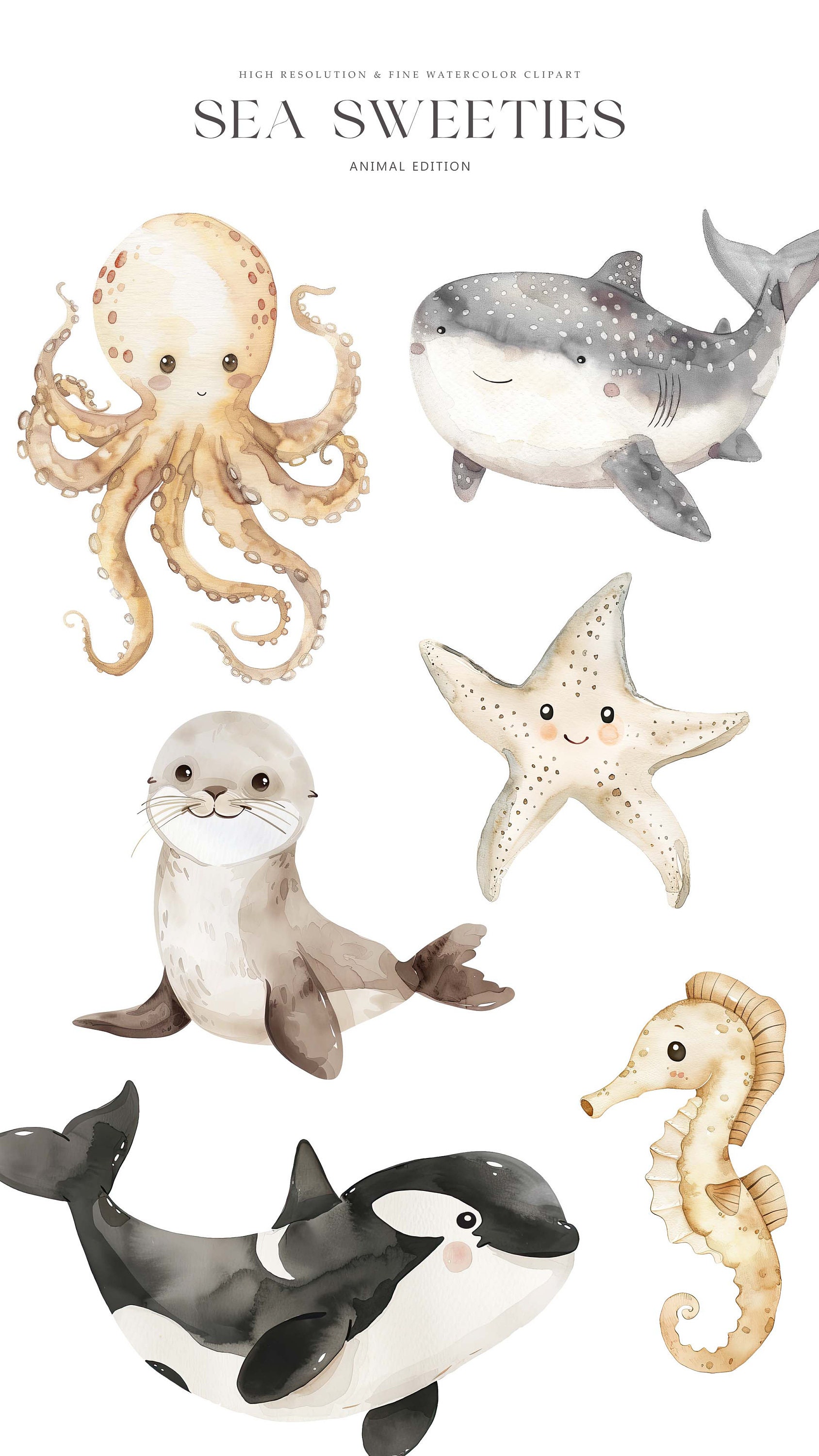 Cute Ocean Animals Clipart Watercolor Clipart Sealife Underwater ...