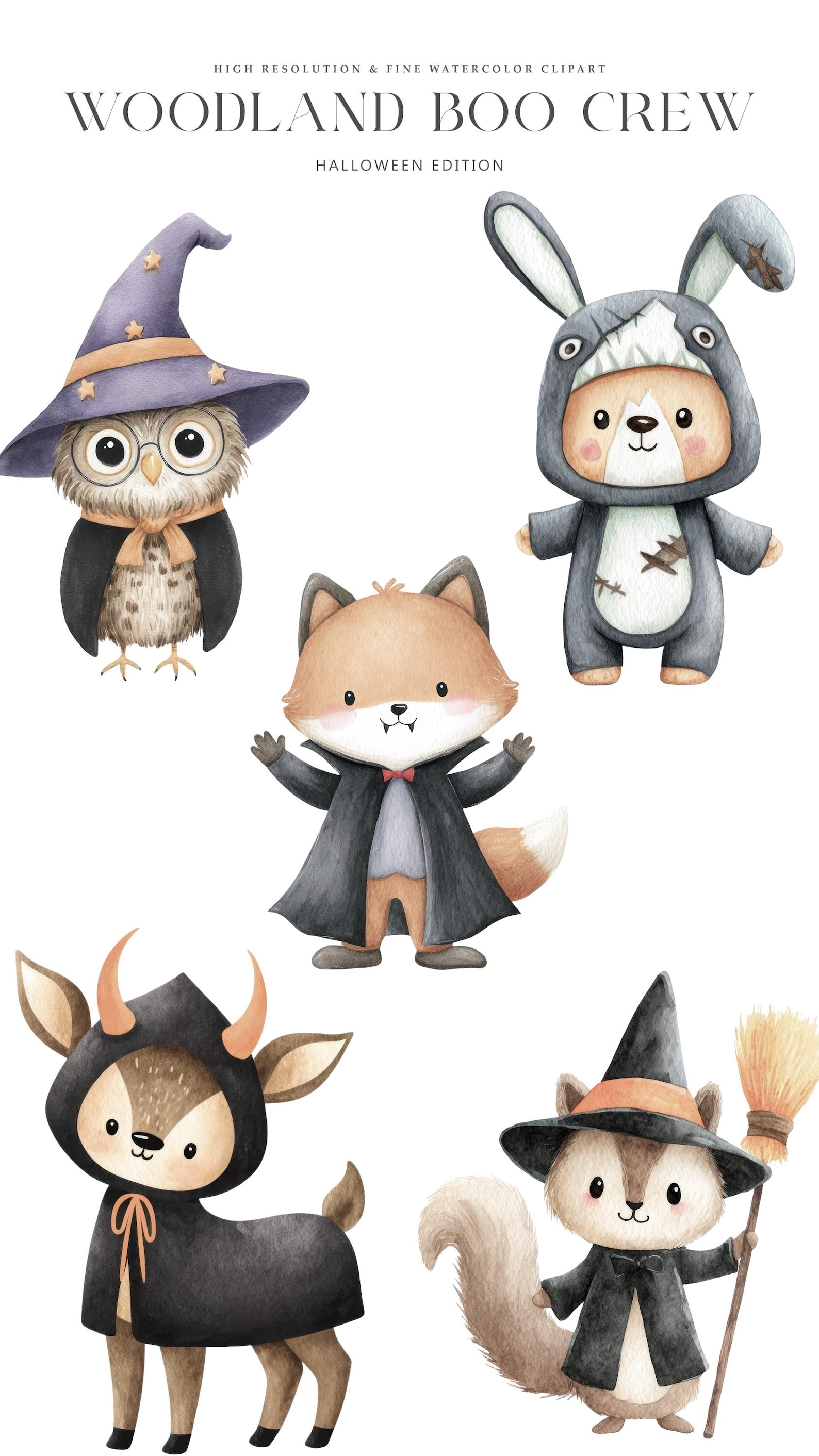 Halloween Woodland Animals Clipart: Watercolor Nursery Art for ...