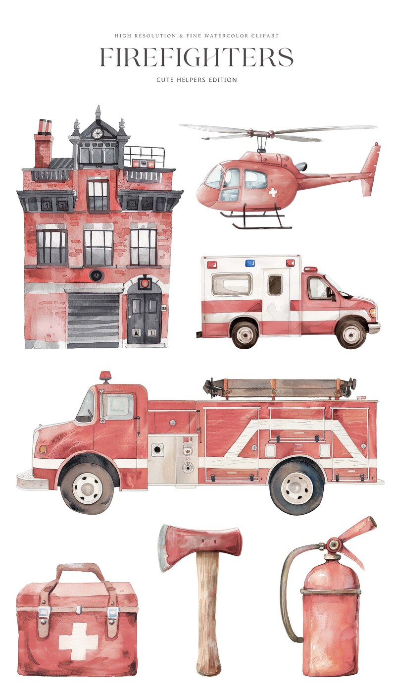 Cute Firefighters Clipart Watercolor Clipart Fire Extinguisher Burning ...