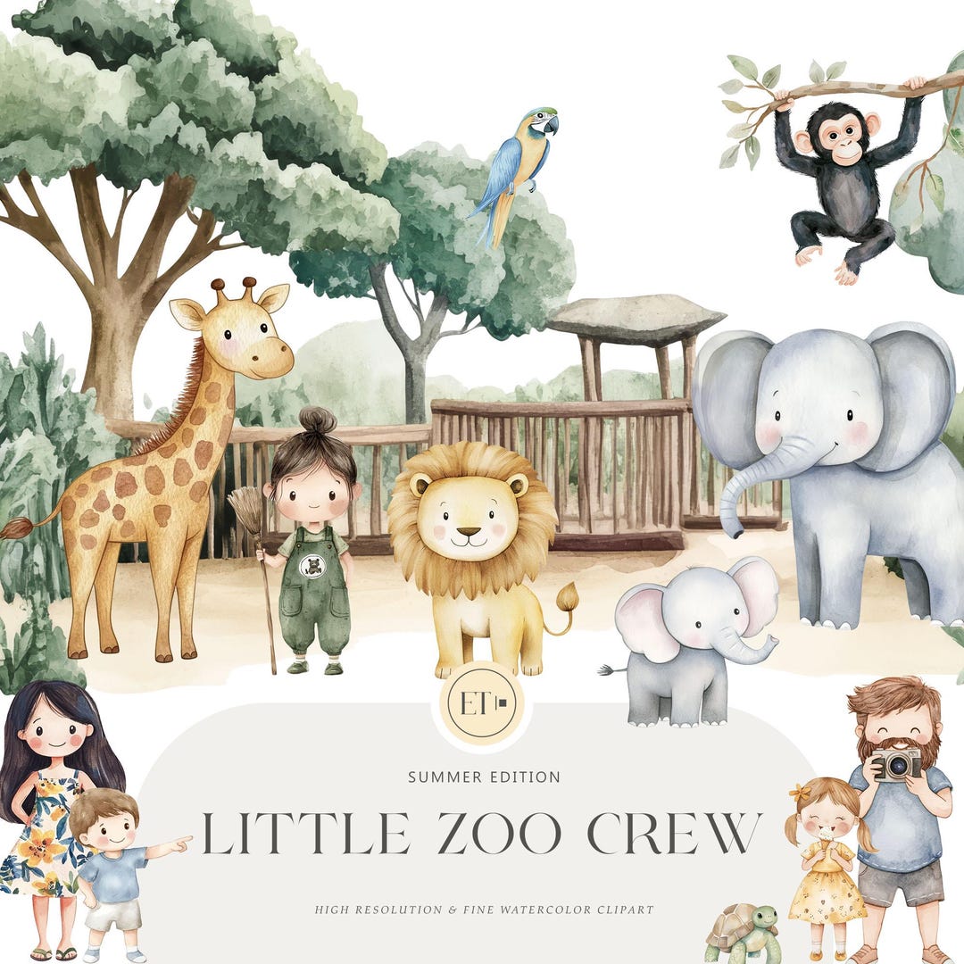 Cute Zoo Clipart - Watercolor Safari Animals - Family Clipart - Wild ...