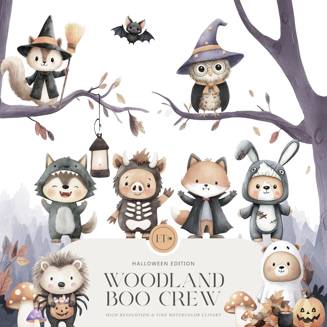 Halloween Woodland Animals Clipart: Watercolor Nursery Art for ...