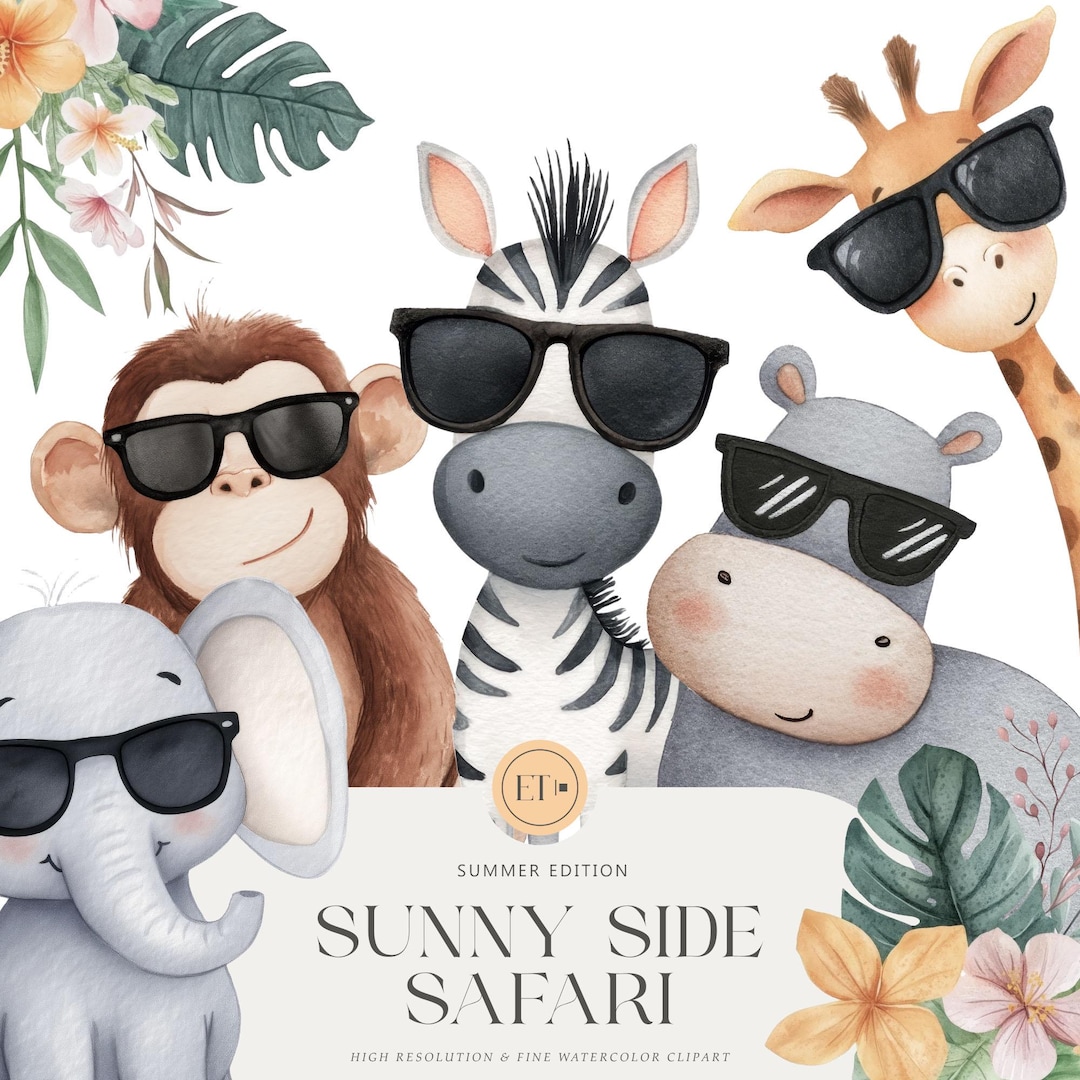 Cool Safari Animals With Sunglasses Clipart - Watercolor Jungle Nursery ...