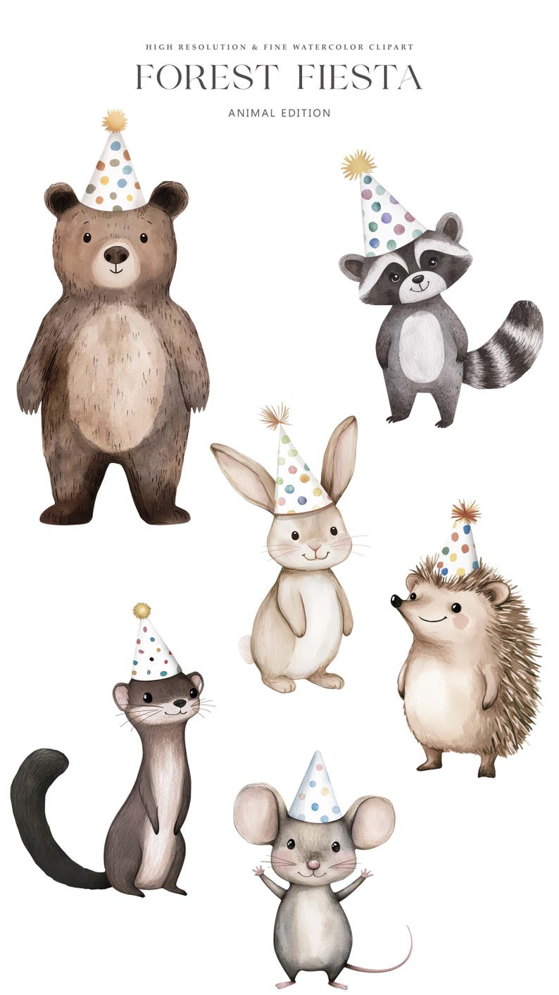 Cute Woodland Animals Party, Birthday Party Graphics, Watercolor ...