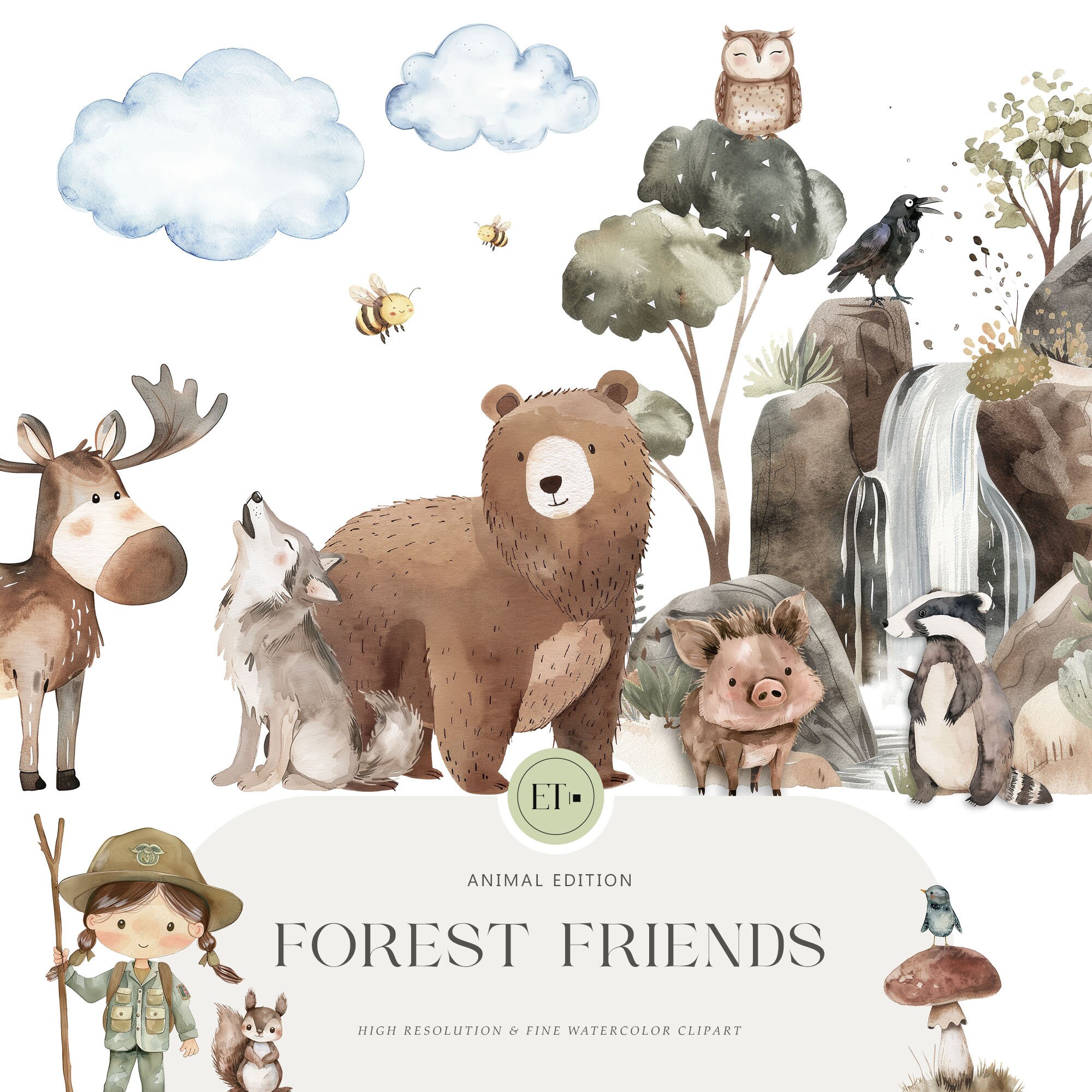 Cute Animals Clipart Bundle Watercolor Clipart Animal Nursery Woodland ...