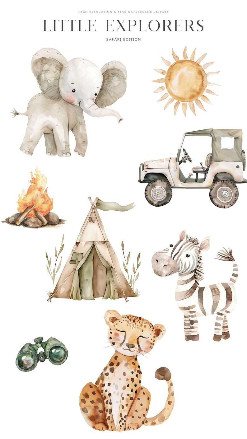 Cute Safari Clipart - Watercolor Safari - Safari Tour Clipart - Wild ...