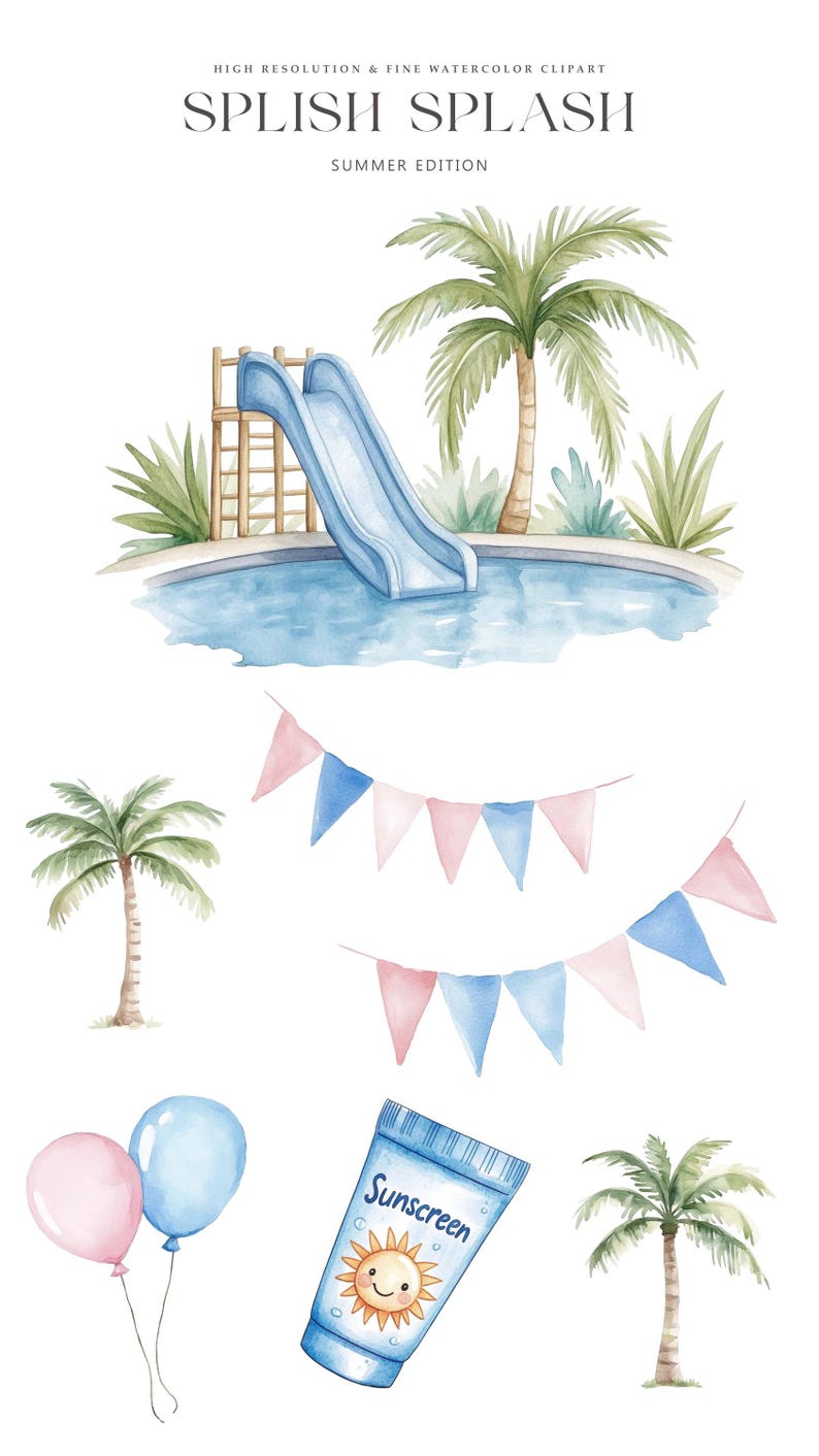 Pool Party Watercolor Clipart: Summer Kids, Nursery (commercial License ...