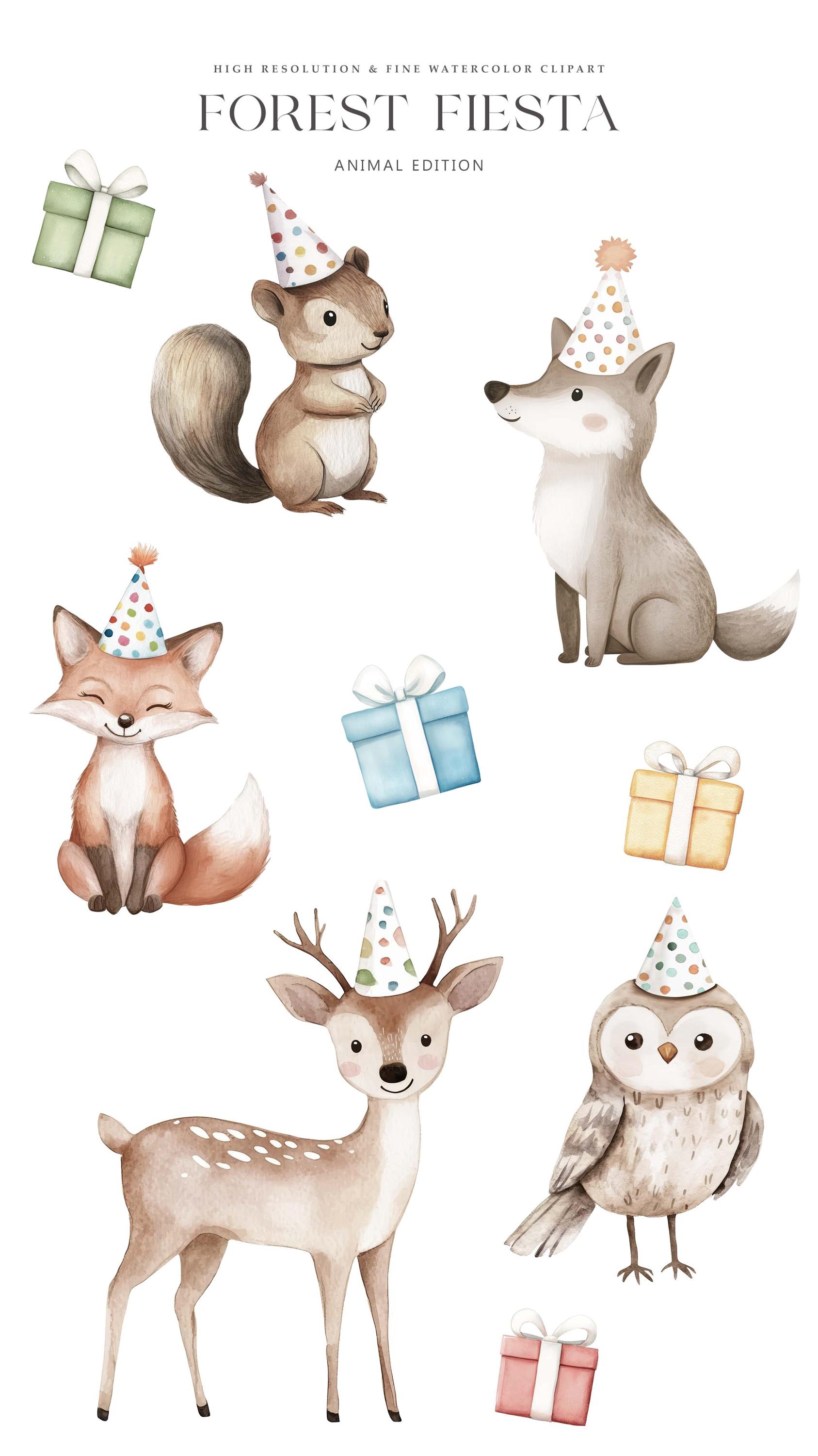 Cute Woodland Animals Party, Birthday Party Graphics, Watercolor ...