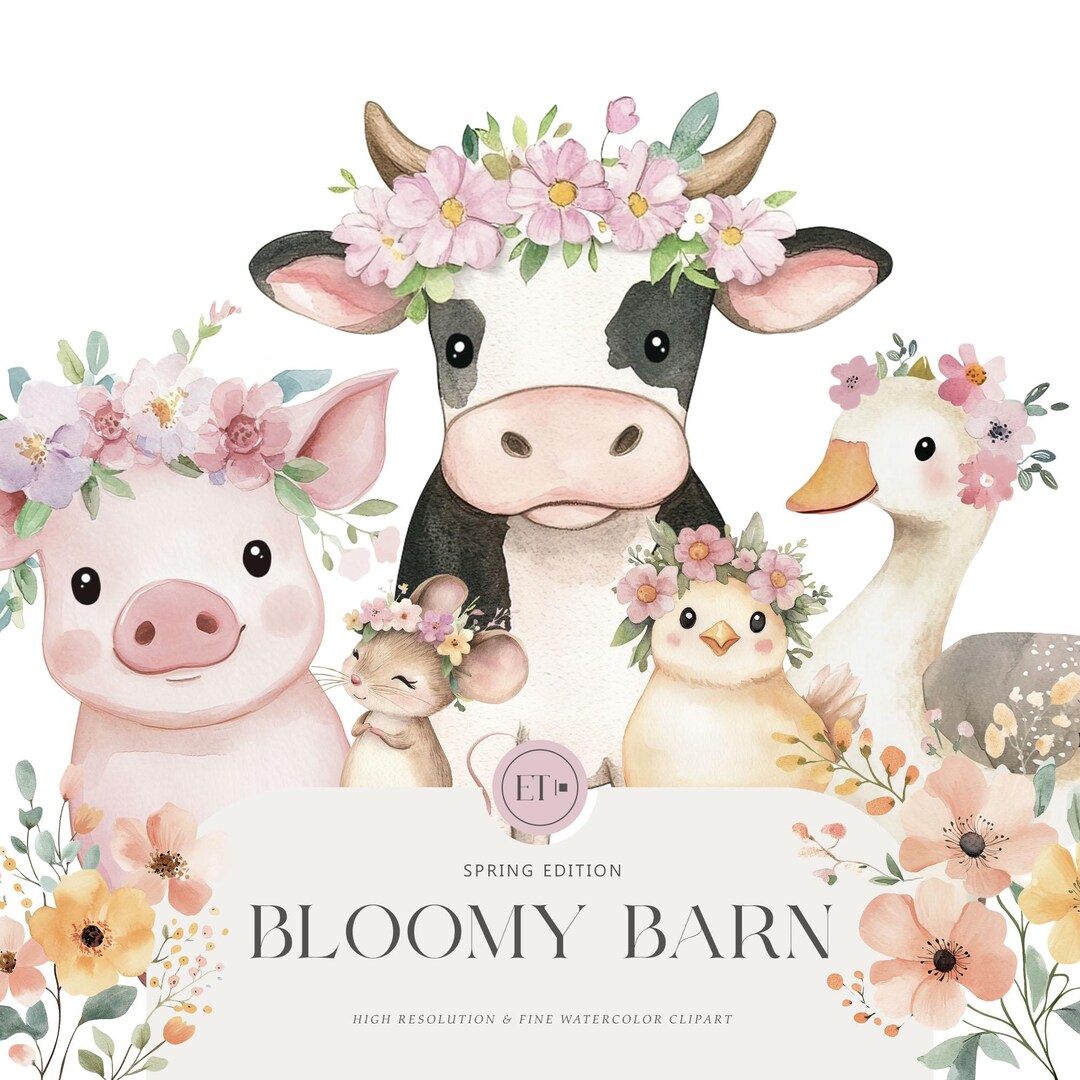 Farm Animals Watercolor Clipart: Spring Flower Wreaths (commercial Use ...