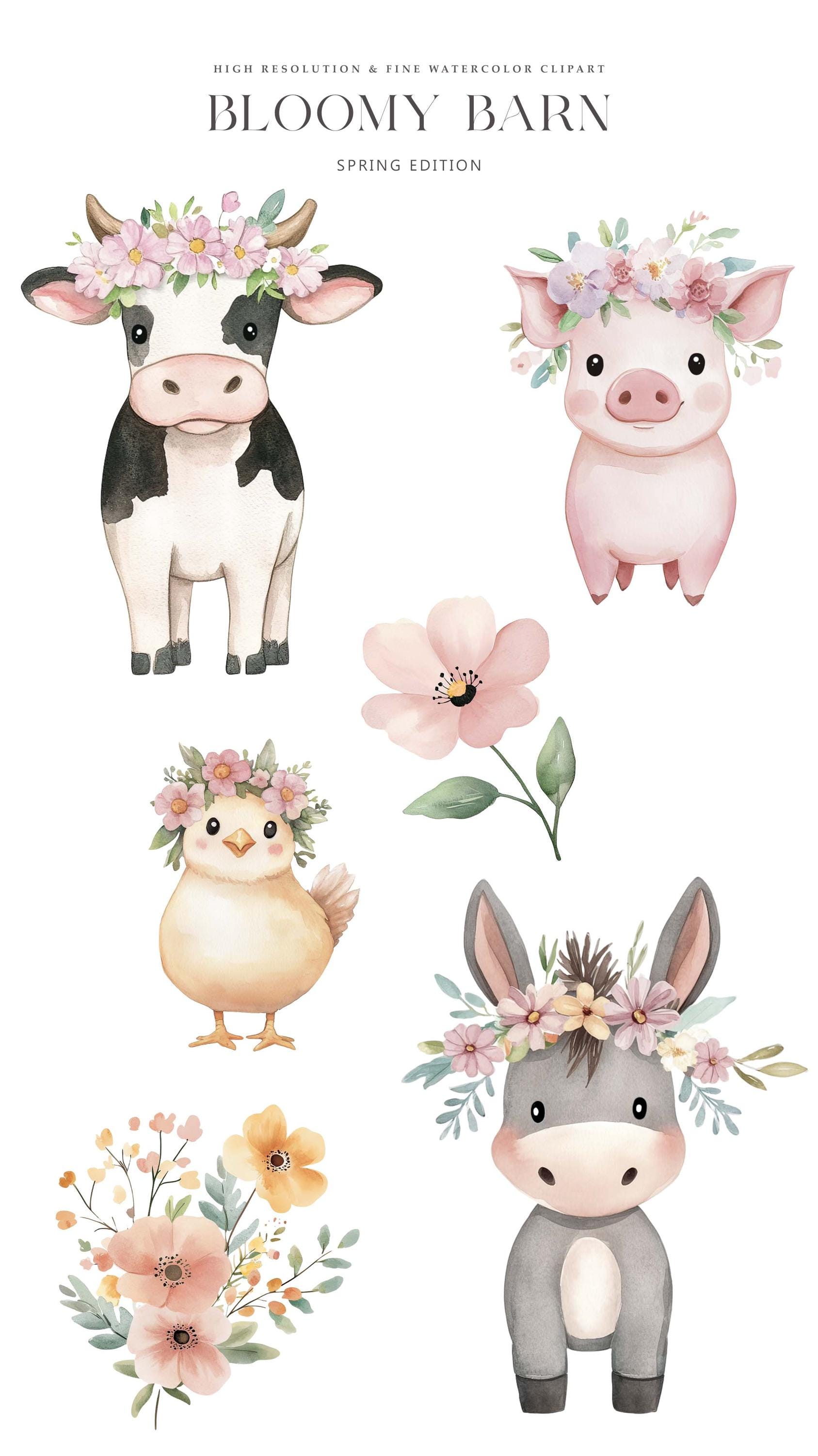 Farm Animals Watercolor Clipart: Spring Flower Wreaths (commercial Use ...