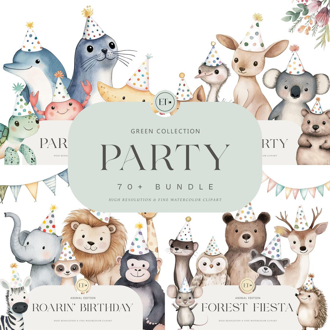 Watercolor Party Animals Clipart Bundle: Birthday Fiesta (commercial ...
