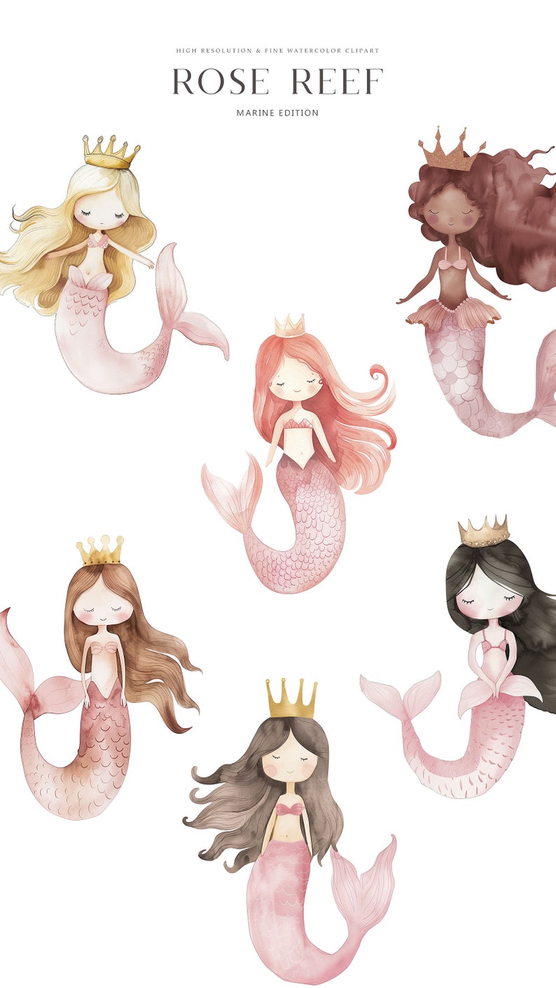 Nursery Mermaid Clipart - Watercolor Pink Mermaid Clipart - Dusty Pink ...