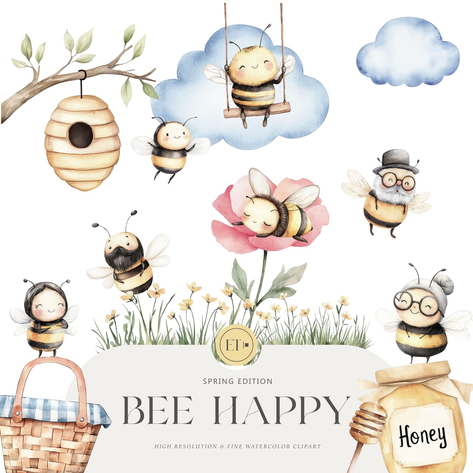 Honey Bee Watercolor Clipart - Spring Cliparts for Kids - Children's ...