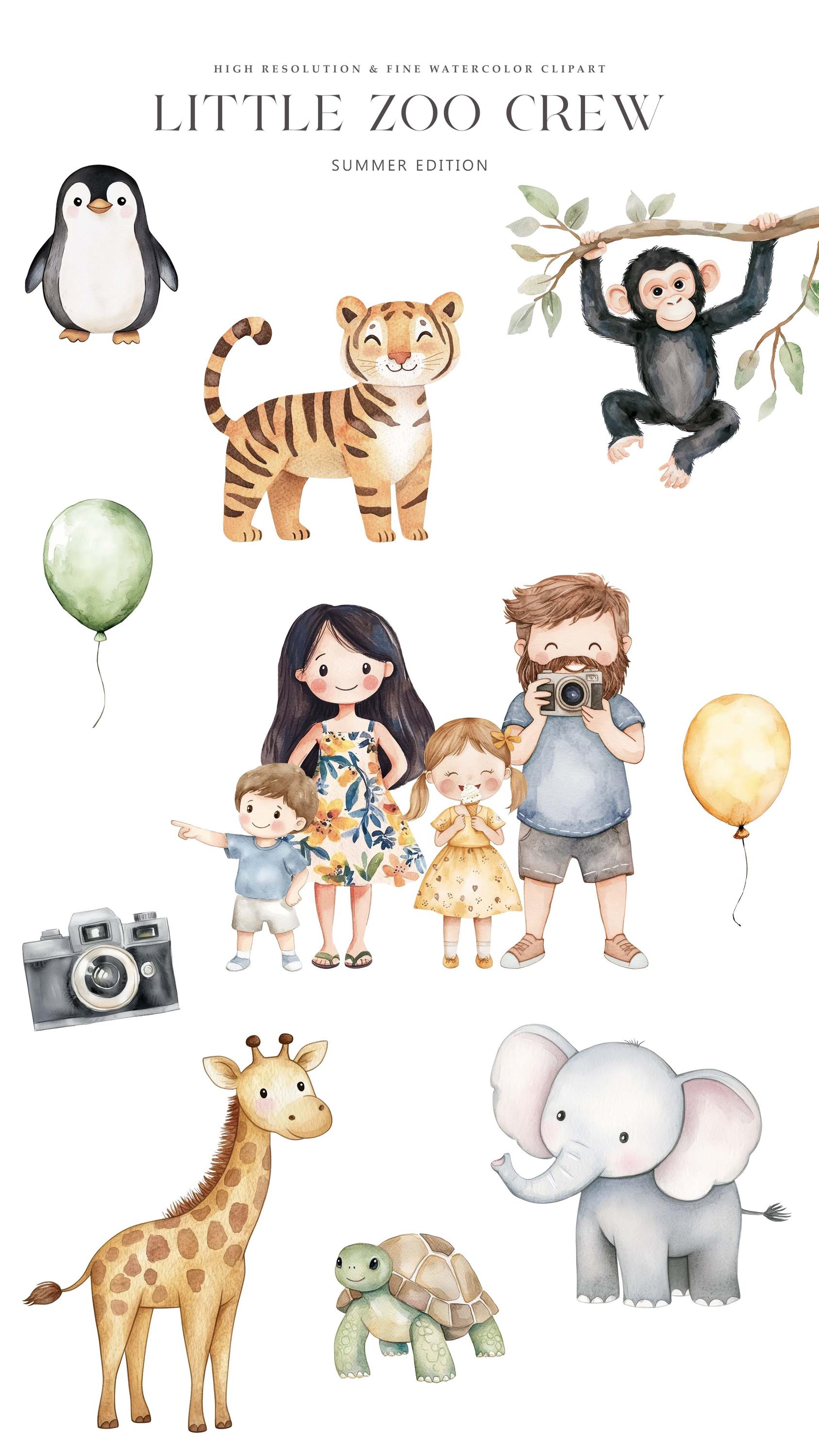 Cute Zoo Clipart - Watercolor Safari Animals - Family Clipart - Wild ...